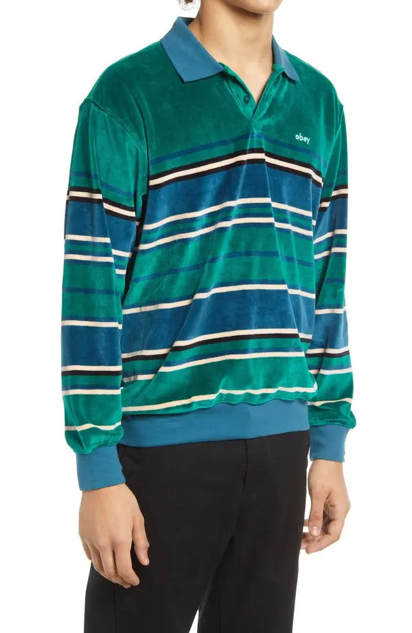 Obey Clifton Stripe Long Sleeve Velour Polo In Ivy Multi - 60% Off